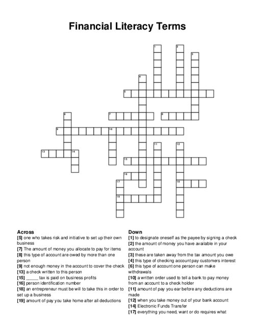 Financial Literacy Terms Crossword Puzzle