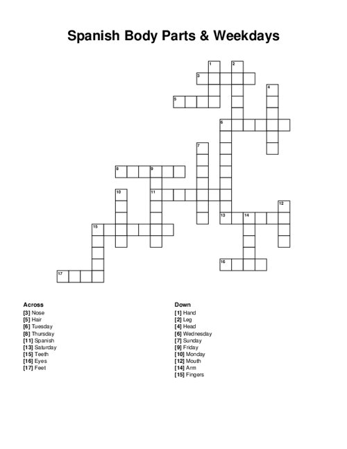 Spanish Body Parts Weekdays Crossword Puzzle Spanish Body Parts Weekdays Crossword Puzzle