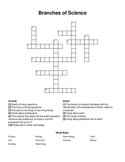 Branches Of Science Crossword Puzzle Branches Of Science Crossword Puzzle