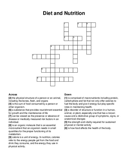 Diet And Nutrition Crossword Puzzle
