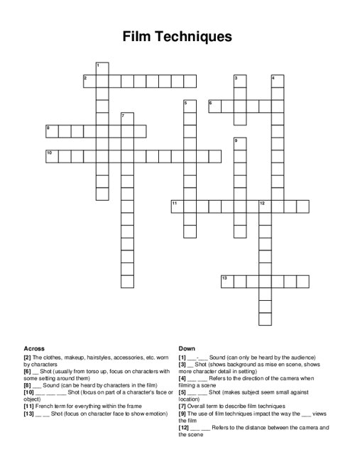 Film Techniques Crossword Puzzle