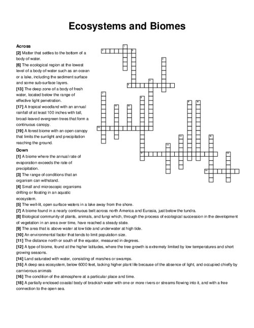 Ecosystems And Biomes Crossword Puzzle