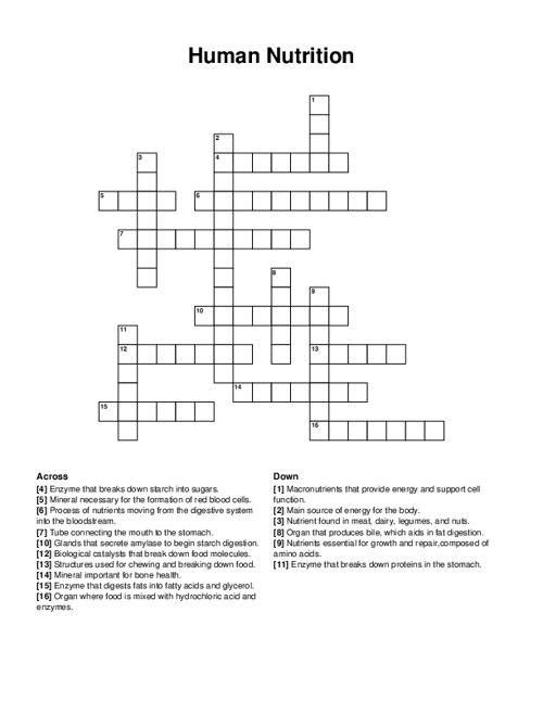 Human Nutrition Crossword Puzzle Human Nutrition Crossword Puzzle