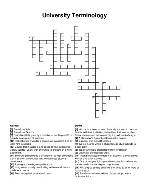 University Terminology Crossword