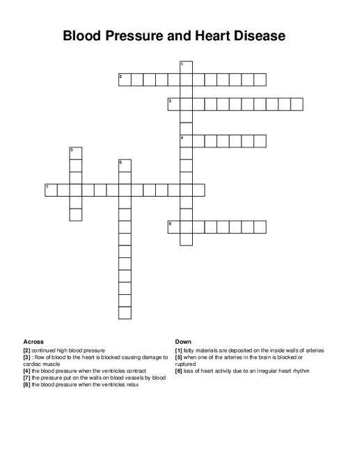 Blood Pressure And Heart Disease Crossword Puzzle Blood Pressure And Heart Disease Crossword Puzzle