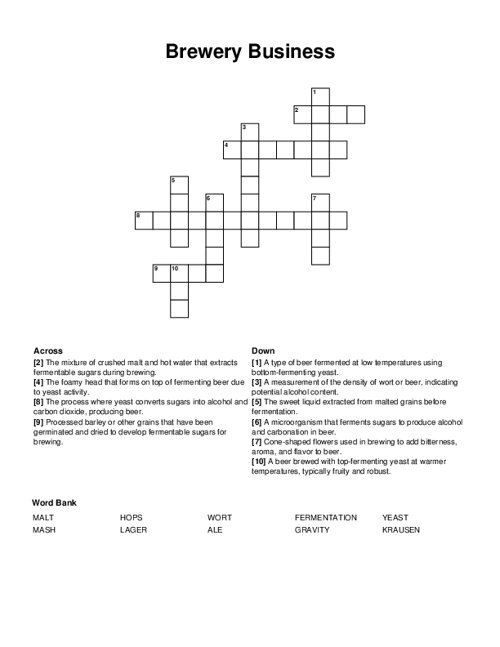 Brewery Business Crossword Puzzle Brewery Business Crossword Puzzle