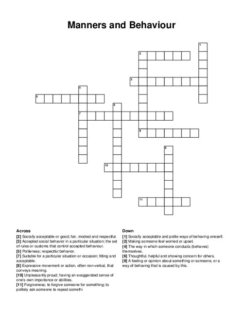 Manners And Behaviour Crossword Puzzle Manners And Behaviour Crossword Puzzle