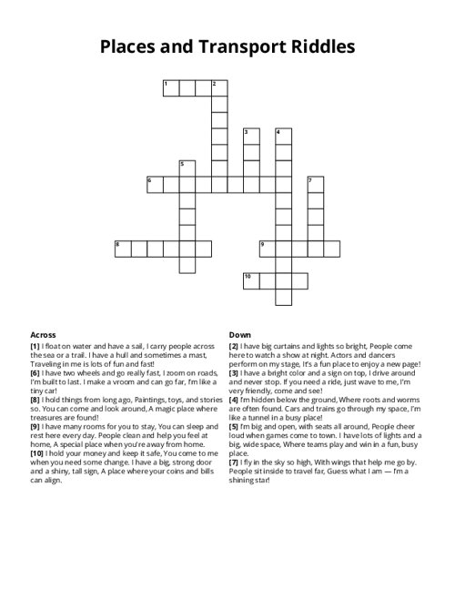 Places and Transport Riddles Crossword Puzzle