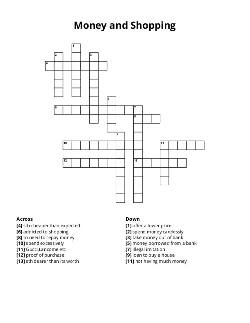 Money and Shopping Crossword Puzzle